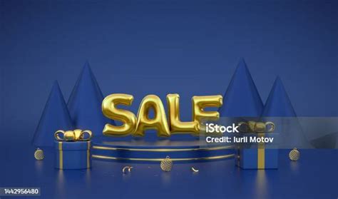 판매 배너 골든 세일 풍선 단어입니다 파란색 배경에 장면과 3d 원형 플랫폼 금 활 금속 소나무 가문비 나무 축제 헬륨 풍선이