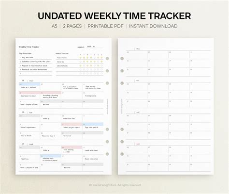 Undated Weekly Time Tracker Printable A5 Weekly Printable With Top