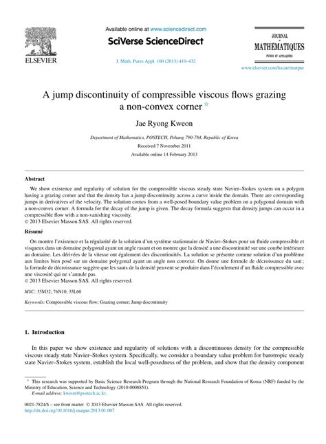 Pdf A Jump Discontinuity Of Compressible Viscous Flows Grazing A Non Convex Corner