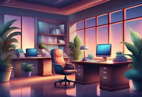 Office Interior With Modern Computers And Wooden Chair And Desk Generative Ai Stock Illustration