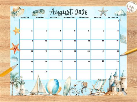 Editable August 2026 Calendar Nautical Beach Gnome Theme Ocean Summer