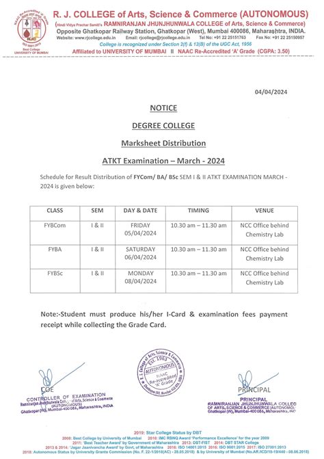 Notice For Bcom Ba Bsc Atkt Sem I And Ii Mar 2024 Marksheet Distribution