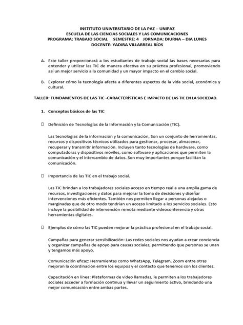 Taller Fundamentos De Las Tic Caracteristicas E Impacto De Las Tic En La Sociedad 1 Pdf