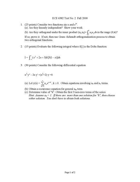 4 Questions Of Engineering Analysis I Exam Fall 2000 Ece 6382 Docsity