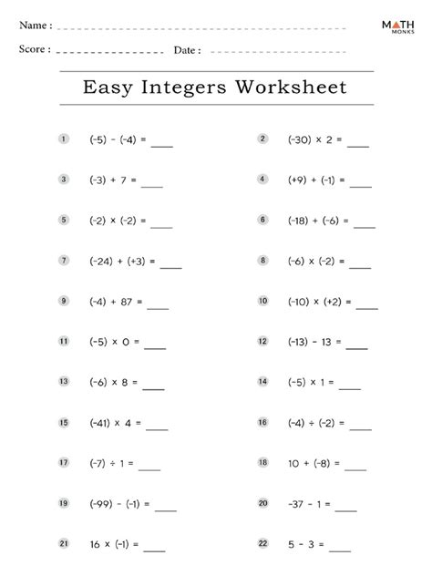 Easy Integers Worksheets Pdf