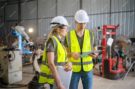 공장 창고에서 현대 로봇 팔의 유지 보수 작업을 하는 로봇 공학자 프리미엄 사진