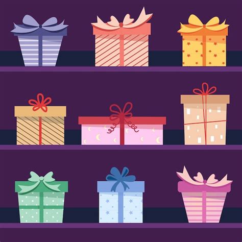 리본과 활이 있는 다양한 선물 상자의 화려한 벡터 세트 프리미엄 벡터
