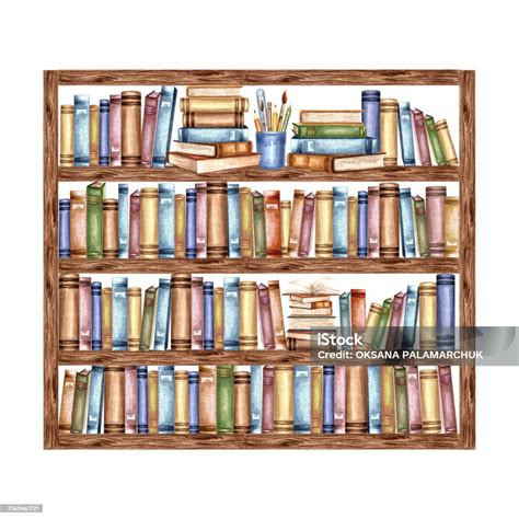 나무 선반이 있는 책장에 책이 쌓여 있습니다 오래된 교과서로 작곡 손으로 그린 수채화 그림이 분리되어 있습니다 모두를 위한 지식