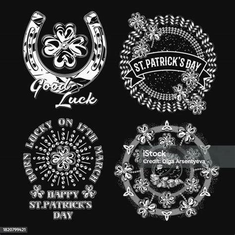 세인트 패트릭 데이 원형 흑백 레이블 와 휴일 개체 텍스트 통하고 있는 검은 배경 토끼풀 편자 클로버 의류 의류 티셔츠 휴일 용품 상품 장식 빈티지 스타일 0명에 대한 스톡