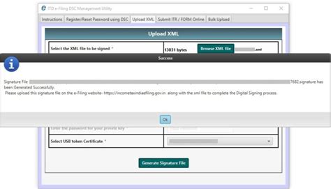 dsc management utility generate signature file to upload xml 2024