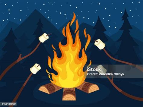 마시멜로와 모닥불 스카우트 캠핑 음식 불에 막대기에 마시멜로 친구들은 캠프 파이어 밤 만화 벡터 일러스트 레이 션을 여행 캠프 파이어에 대한 스톡 벡터 아트 및 기타 이미지