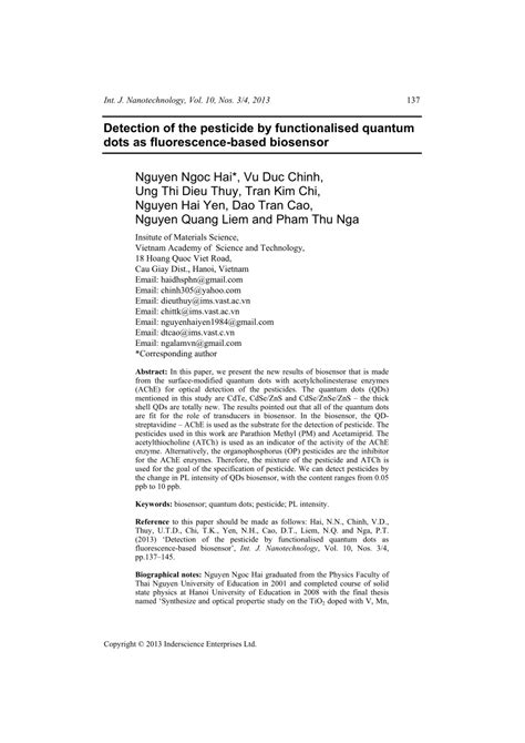 Pdf Optical Detection Of The Pesticide By Functionalized Quantum Dots
