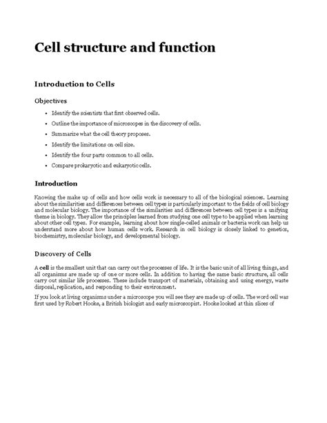 Cell Structure And Function Notes Cell Structure And Function Introduction To Cells Objectives