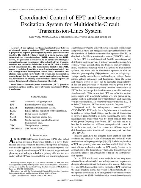 Pdf Coordinated Control Of Ept And Generator Excitation System For Multidouble Circuit