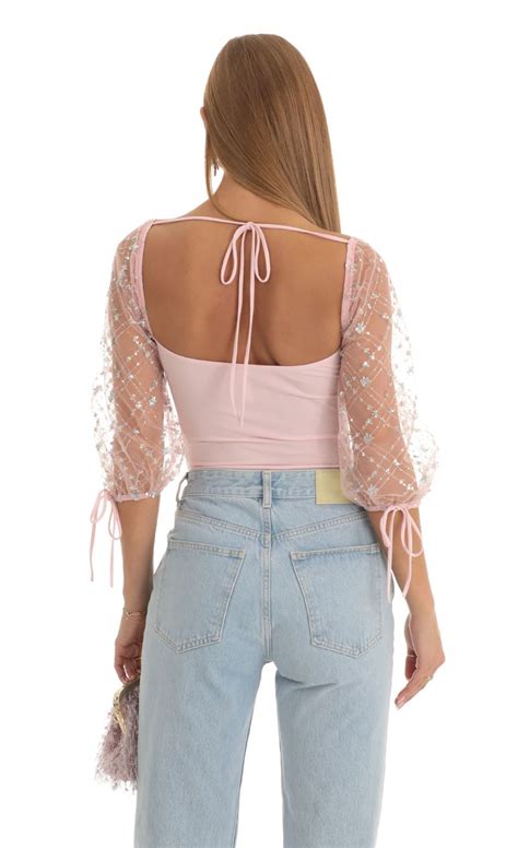 Sequin Puff Sleeve Bodysuit In Pink Lucy In The Sky