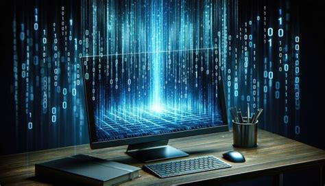 Premium AI Image Computer Monitor Displaying Cascading Blue Binary