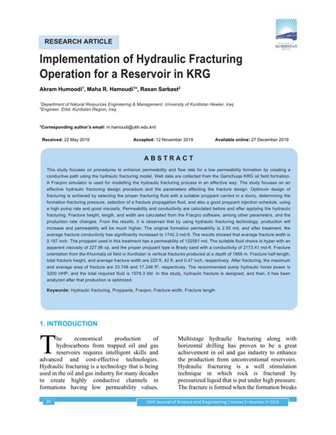 Pdf Implementation Of Hydraulic Fracturing Operation For A Reservoir In Krg