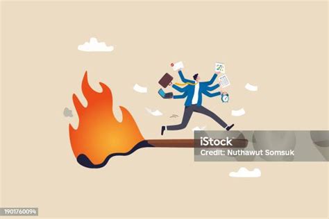 유독한 생산성 공황 또는 번아웃 직원 타임라인 내에 작업을 완료하기 위해 과로 멀티태스킹 또는 긴급한 작업 일정 개념을 완료하기 위해 서두르기 성냥개비를 태우는 생산적인