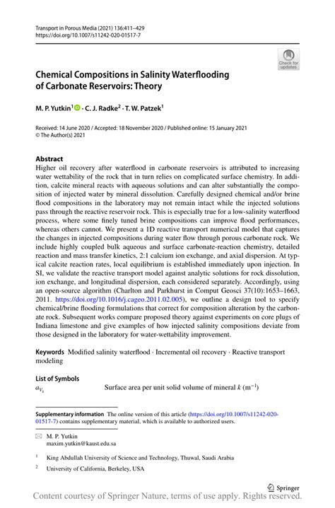 Pdf Chemical Compositions In Salinity Waterflooding Of Carbonate