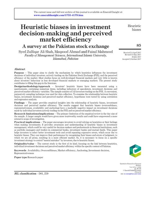 Heuristic Biases In Investment Decision Making And Perceived Market Efficiency Pdf