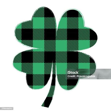 녹색과 검은 색 벌목꾼 버팔로 격자 무늬 벡터 네 잎 클로버 실루엣 그림 성 패트릭의 날 디자인 St Patricks Day에 대한 스톡 벡터 아트 및 기타 이미지