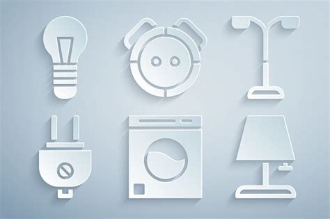 세탁기 가로등 전기 플러그 테이블 램프 로봇 진공 청소기 및 전구 아이콘을 설정합니다 벡터 3차원 형태에 대한 스톡 벡터 아트 및 기타 이미지 Istock