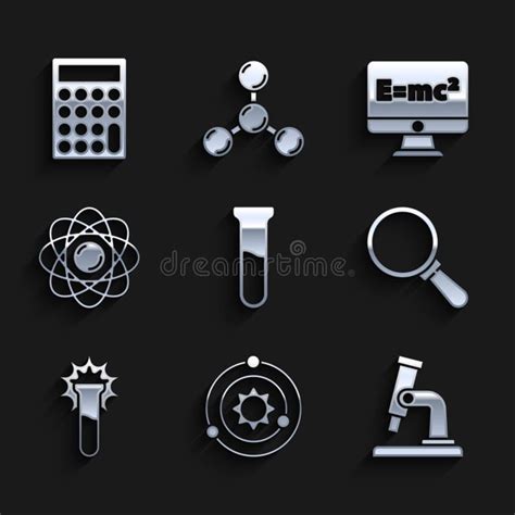 Set Test Tube And Flask Solar System Microscope Magnifying Glass Atom Equation Solution And