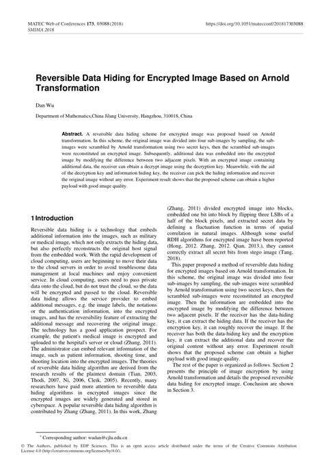 Pdf Reversible Data Hiding For Encrypted Image Based On Arnold Transformation