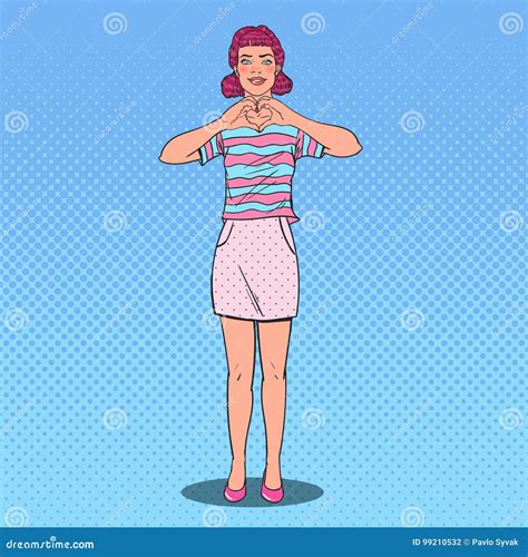 Pop Art Beautiful Woman Showing Heart Hand Sign Love Comic Style