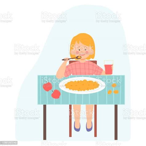 아침 식사를 위해 죽을 먹는 어린 소녀 건강한 식품 개념 배너 포스터 엽서에 대한 벡터 일러스트레이션 만화 스타일의 캐릭터 개념에 대한 스톡 벡터 아트 및 기타 이미지