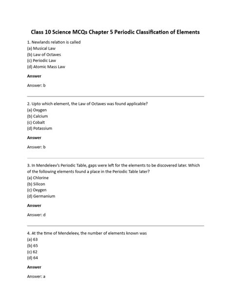 Class 10 Science Mcqs Chapter 5 Periodic Classification Of Elements Pdf Periodic Table