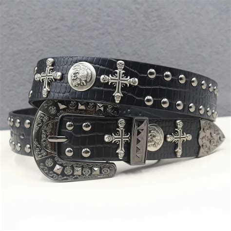 Rivet Cross Skull Belt Metal Pyramid Straps Men Women Punk Rock