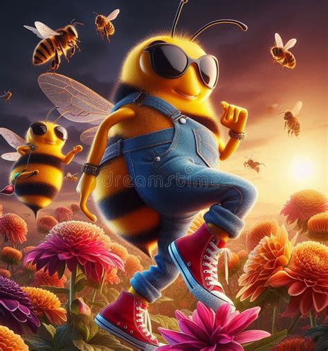 Funny Cartoonish Cool Bees Wear Blue Jeans Urban Vintage Snikers At