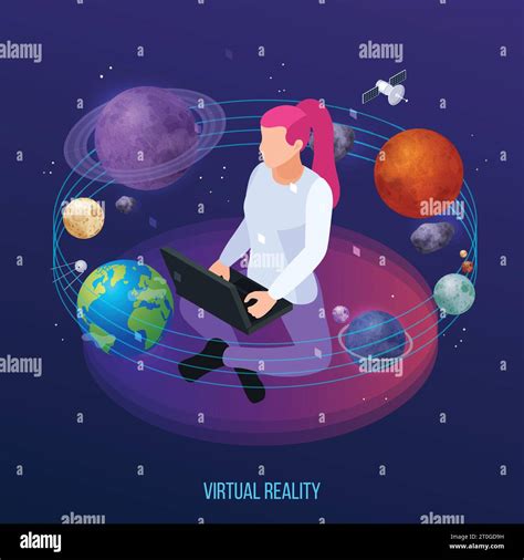 Virtual Augmented Reality 360 Degree Isometric Composition With Female Human Character