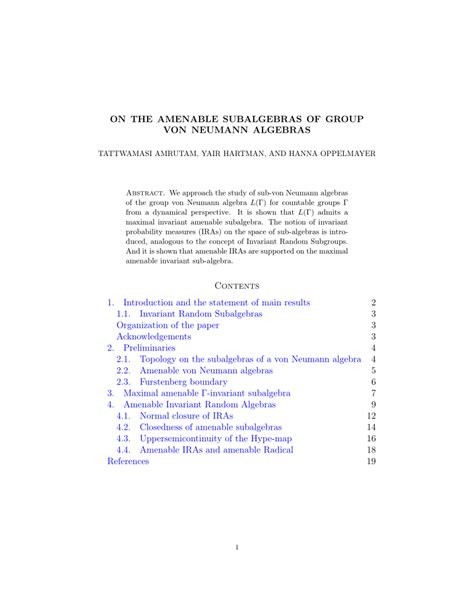 Pdf On The Amenable Subalgebras Of Group Von Neumann Algebras