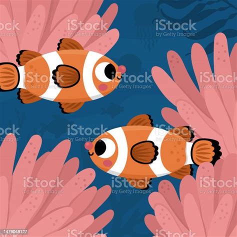 광대 물고기와 악티니아가 있는 바다 풍경 그림 아래 벡터 모래 해초 산호초 암초가 있는 해양 생물 장면 귀여운 사각형 물 자연