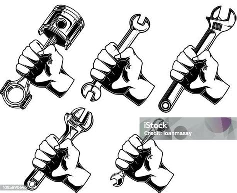 핸드 렌치 자동차 피스톤입니다 레이블 상징 기호에 대 한 디자인 요소입니다 강철에 대한 스톡 벡터 아트 및 기타 이미지 강철