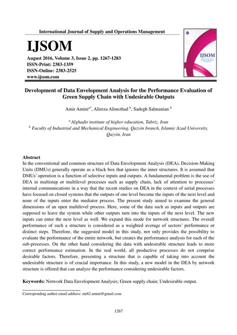 Pdf Development Of Data Envelopment Analysis For The Performance Evaluation Of Green Supply