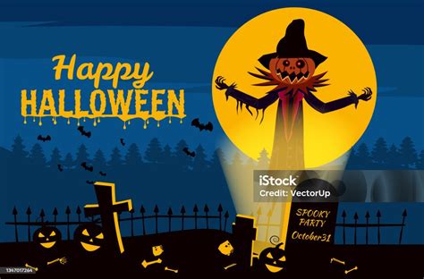 해피 할로윈 포스터 밤 묘지 무서운 미소 호박 박쥐 보름달 벡터 일러스트 만화 스타일 배너 10월에 대한 스톡 벡터 아트 및 기타 이미지 Istock