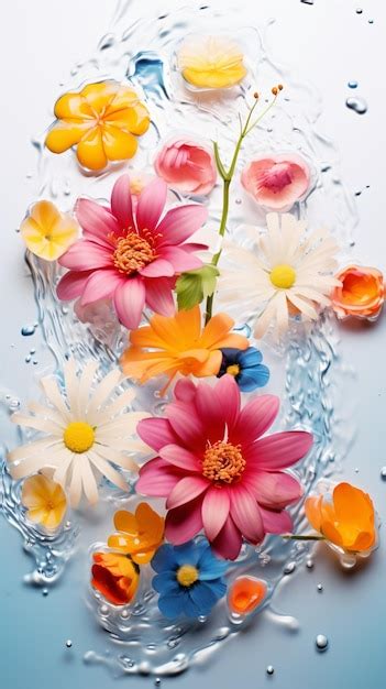 Premium Ai Image Colorful Lovely Flowers On Water With Splashing Drop
