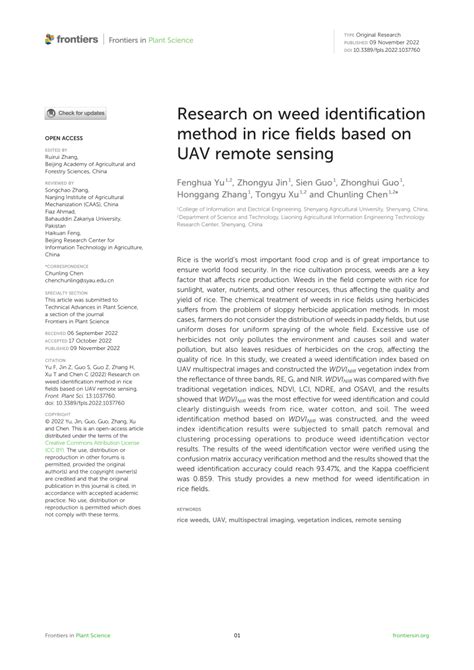 Pdf Research On Weed Identification Method In Rice Fields Based On Uav Remote Sensing