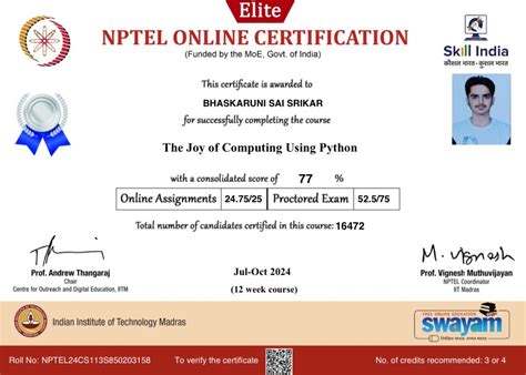 Nptel Python Joyofcomputing Achievement Certification Iitmadras