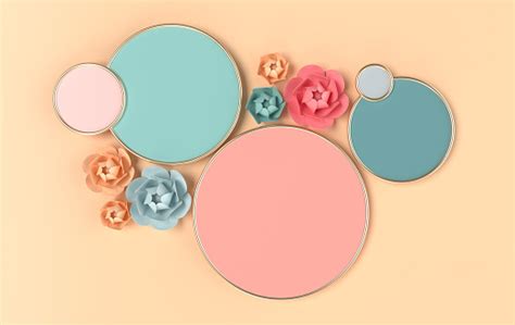 3d 렌더링 기하학적 모양 종이 예술 스타일의 꽃과 연단 제품 프레젠테이션을 위한 플랫폼 배경 모의 미니멀 한 디자인 파스텔 및 골드 색상의 추상적 구성 규모에 대한 스톡