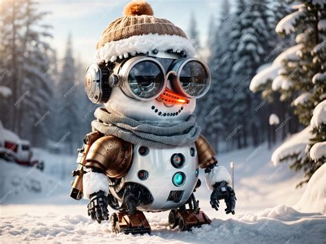Premium Ai Image Snowman Robot At Winter Landscape
