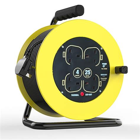 25m 13a 4way Gang Socket Ext Open Cable Reel Thermal Cut Out And Power Switch Retractable