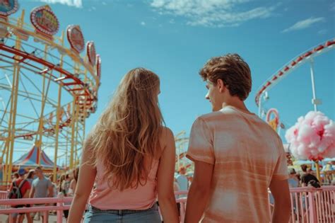 Man And A Woman Enjoying A Day At The Amusement Park With Cotton Candy And Roller Coasters