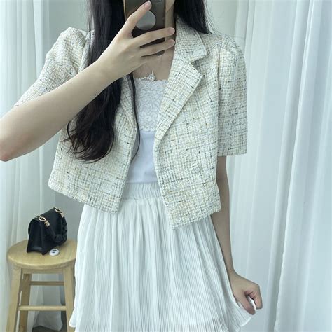 트위드 패턴 카라넥 크롭 숏 반팔 자켓