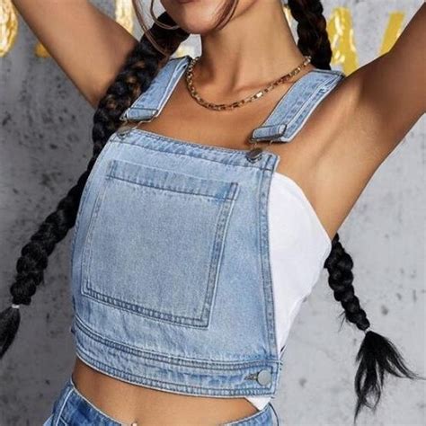 Denim Overall Crop Top The Cutest 80s Style Pocket Depop