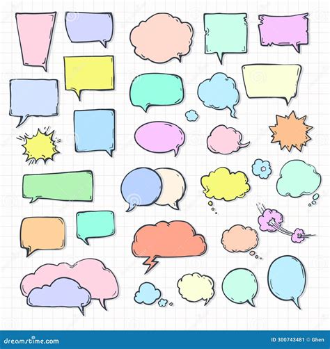 Set Of Color Speech Bubbles On Notepad Sheet Paper Doodle Or Cartoon Sketch Drawing Call Outs