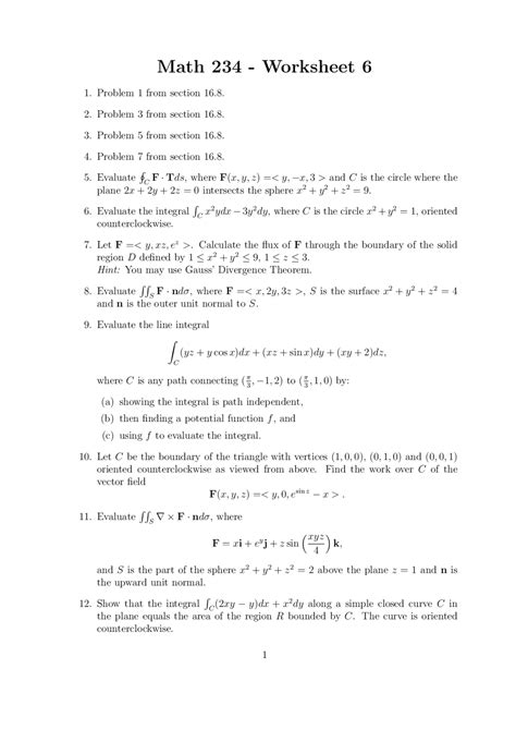Worksheet 6 For Calculus Functions Of Several Variables Math 234